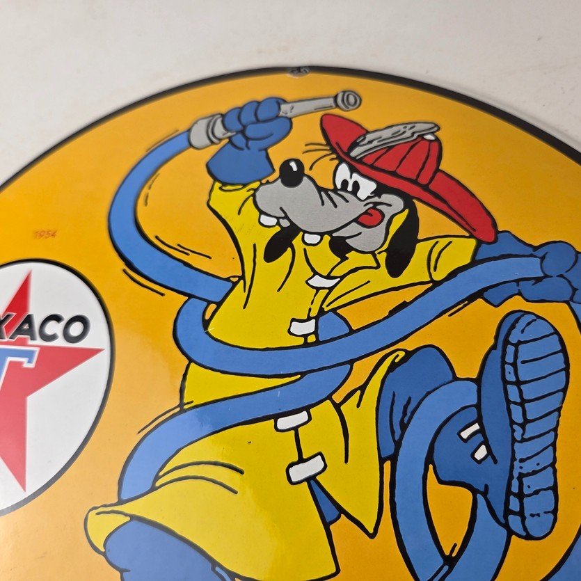 Vintage Texaco Gasoline Sign – Porcelain Disney Goofy Fire Chief Gas ...