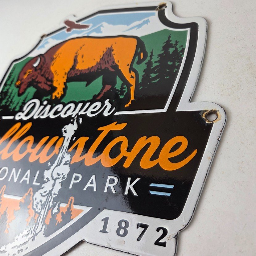 Vintage Yellowstone National Park Porcelain Sign – Bison Geyser Shield ...
