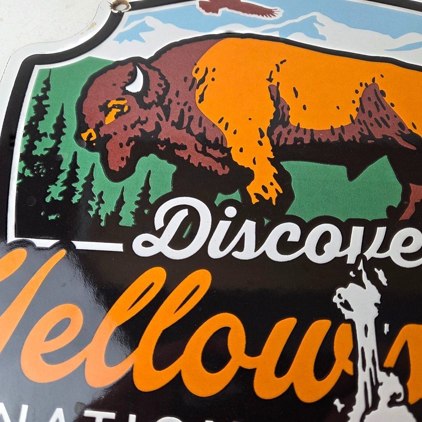 Vintage Yellowstone National Park Porcelain Sign – Bison Geyser Shield ...