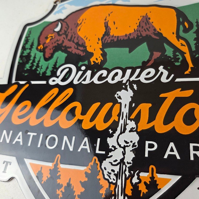 Vintage Yellowstone National Park Porcelain Sign – Bison Geyser Shield ...