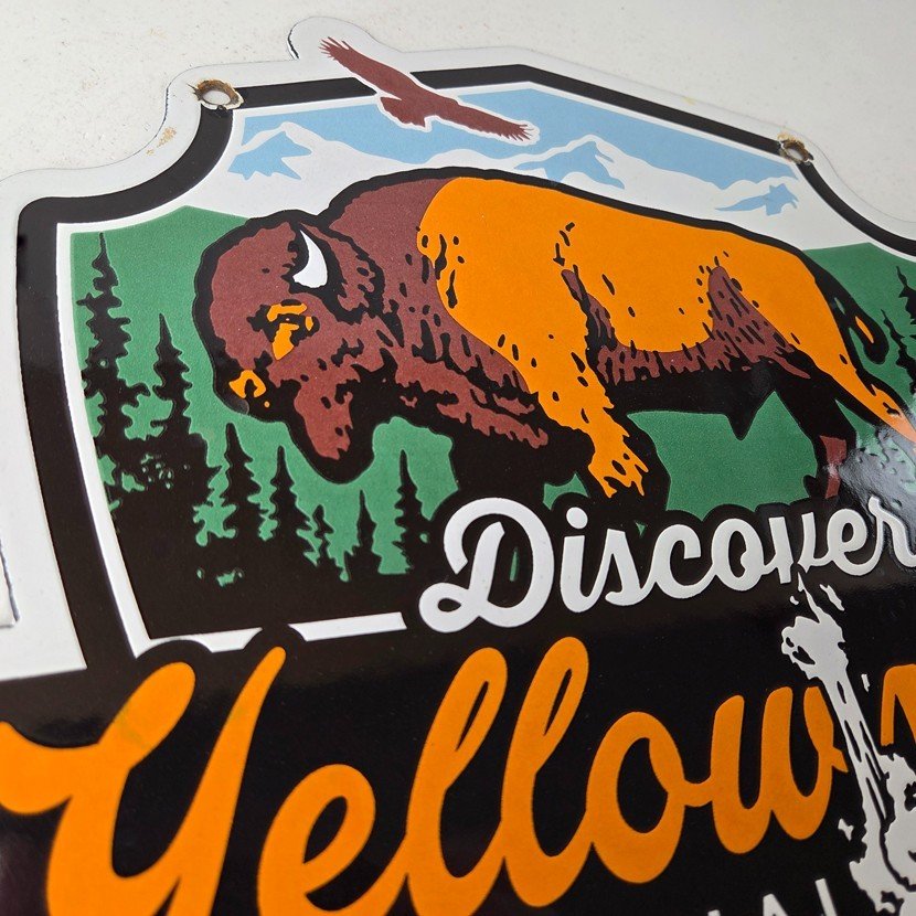 Vintage Yellowstone National Park Porcelain Sign – Bison Geyser Shield ...