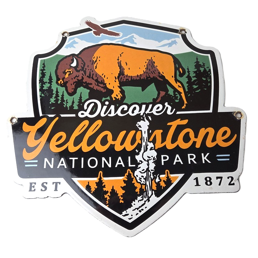 Vintage Yellowstone National Park Porcelain Sign – Bison Geyser Shield ...